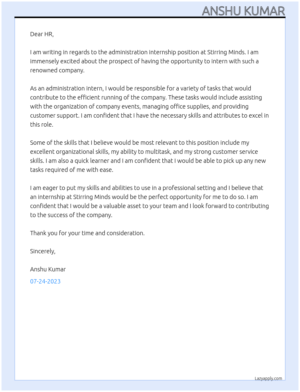 Cover letter for administration internship - LazyApply