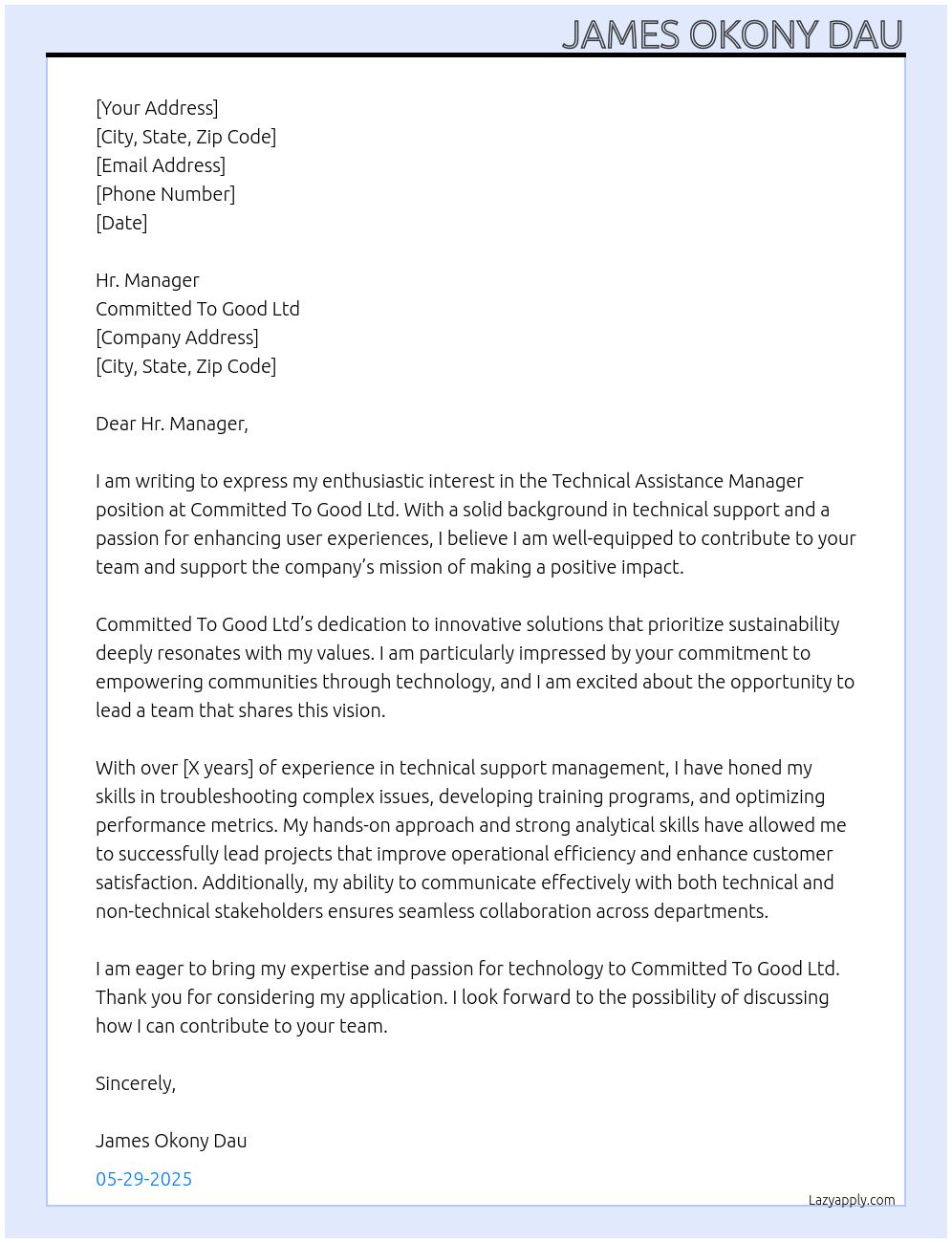 Cover letter for technical assistance manager - LazyApply
