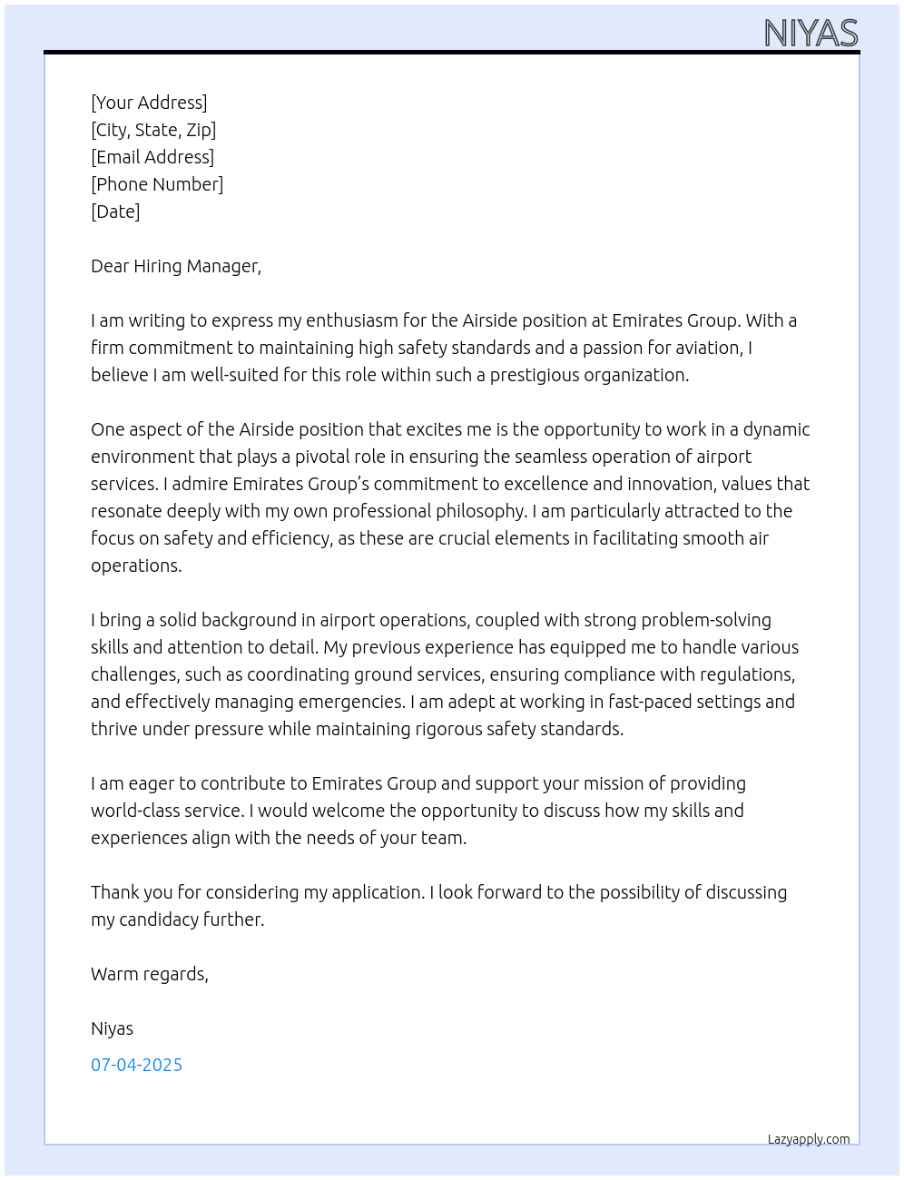 Cover letter for airside - LazyApply