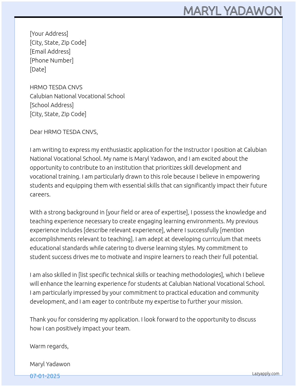 Cover letter for instructor i - LazyApply