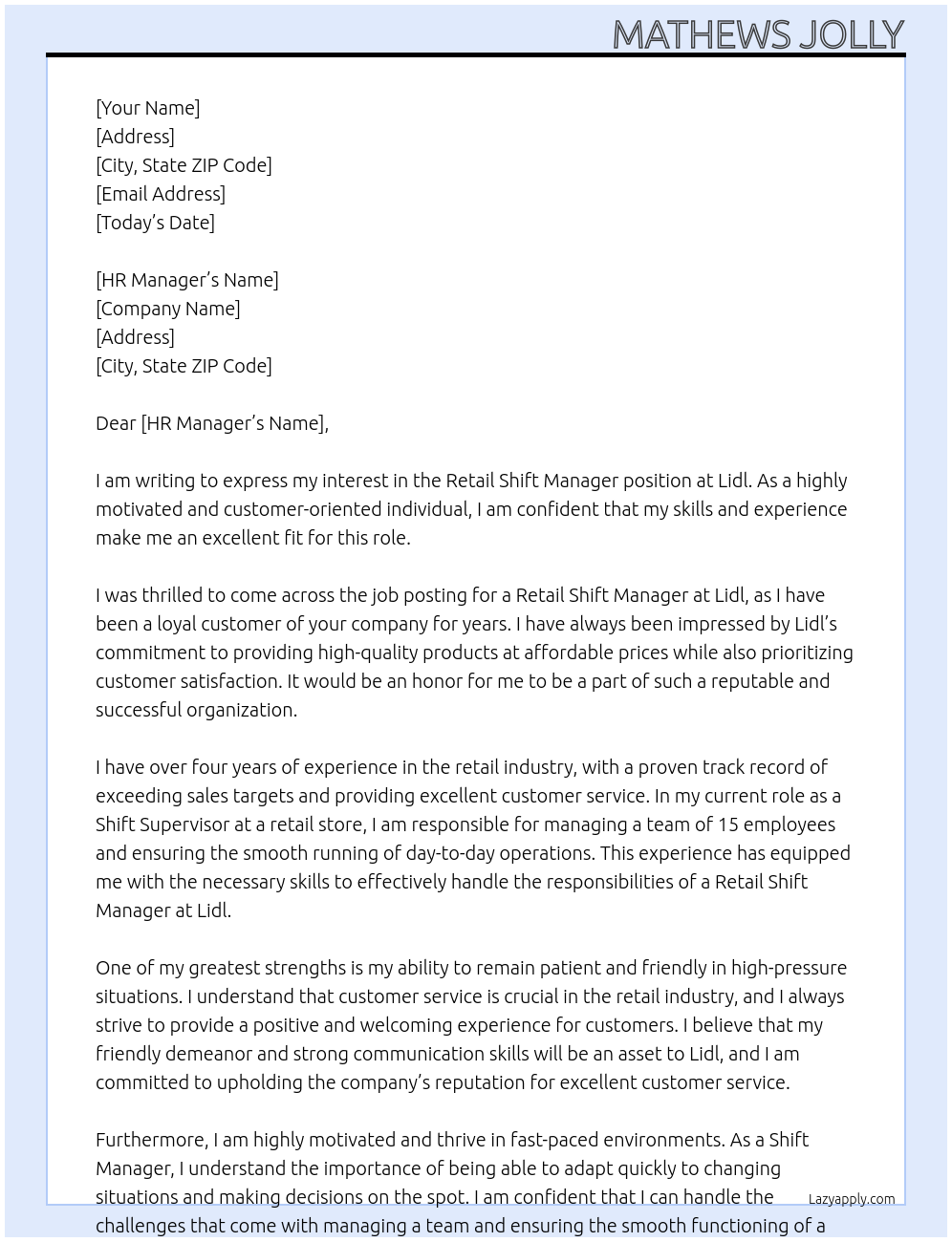 Cover letter for retail shift manager - LazyApply