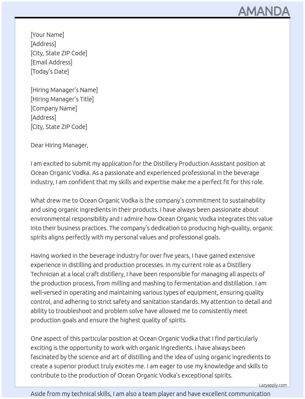 Cover letter for distillery production assistant - LazyApply