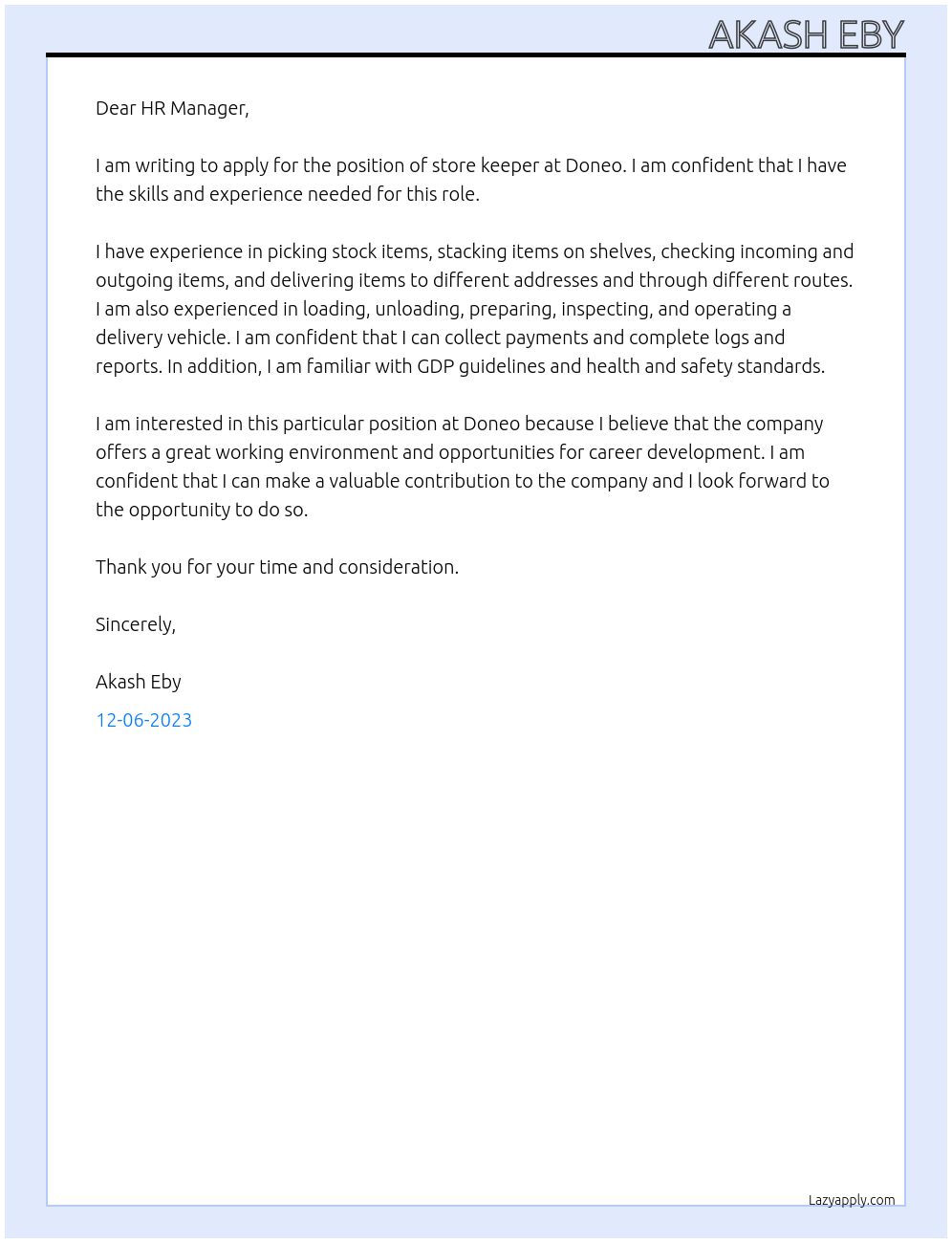 Cover letter for store keeper - LazyApply