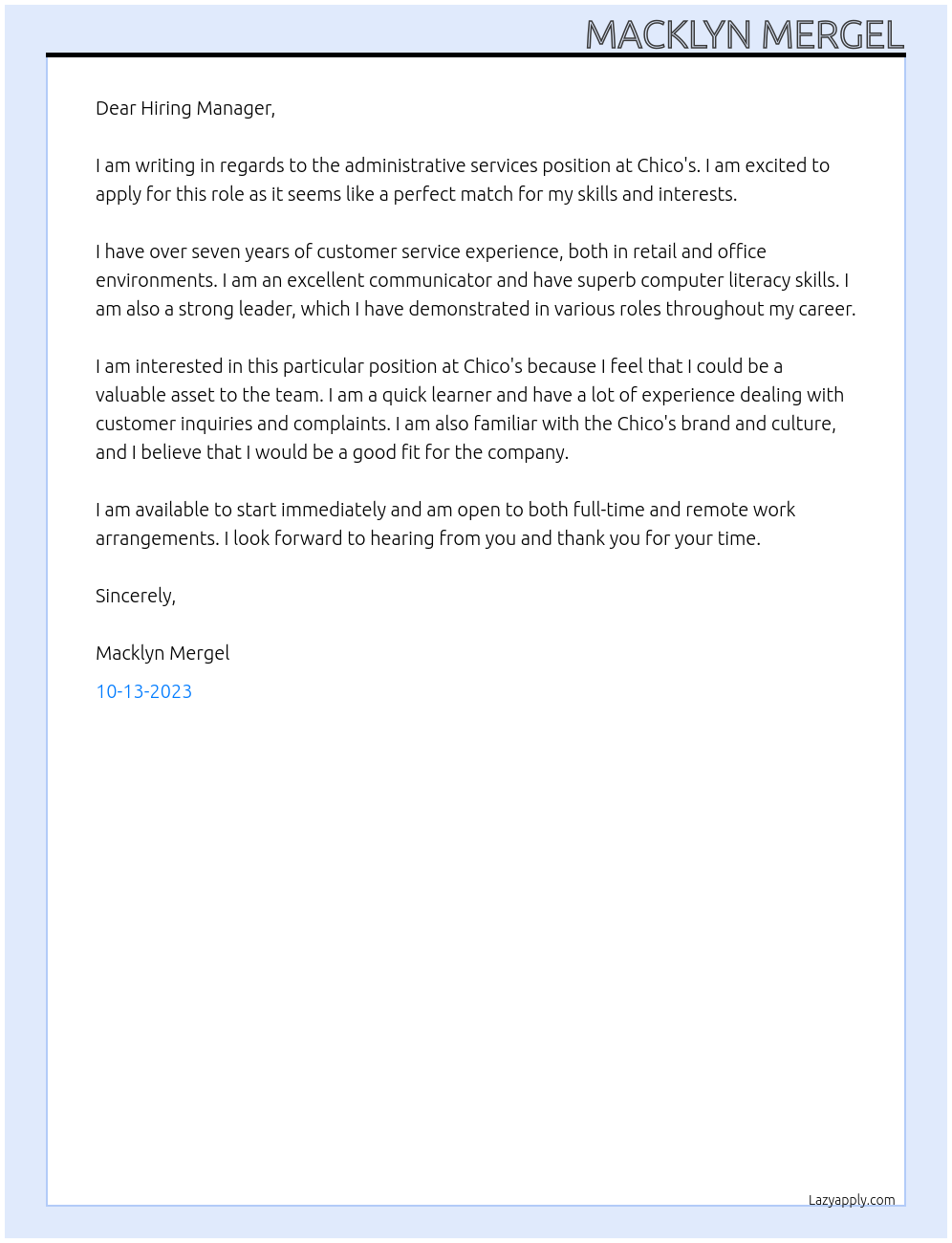 Cover letter for administrative services - LazyApply