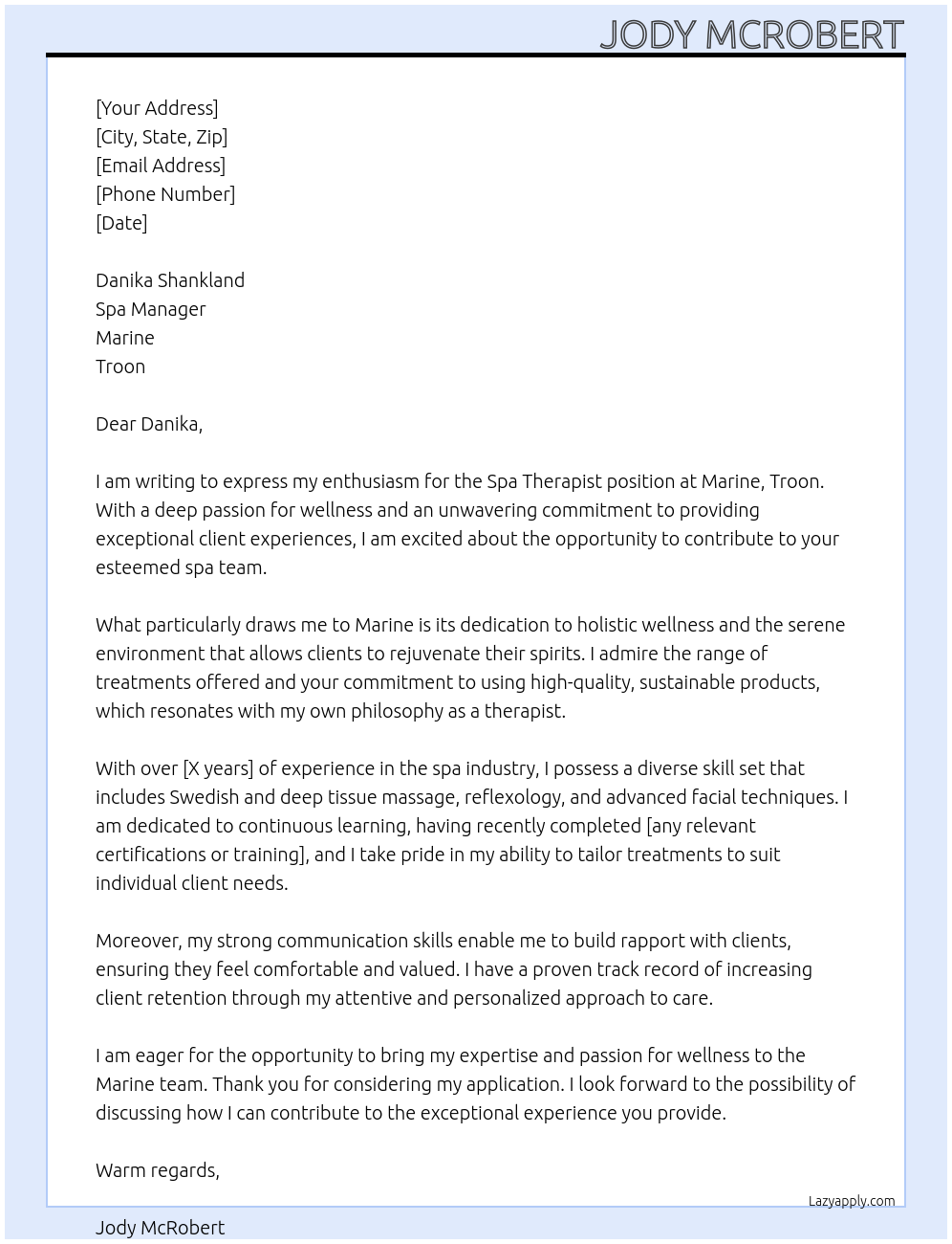 Cover letter for spa therapist - LazyApply