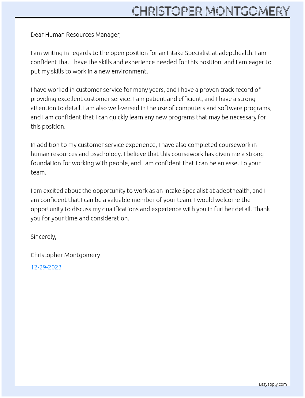 Cover letter for intake specialist - LazyApply