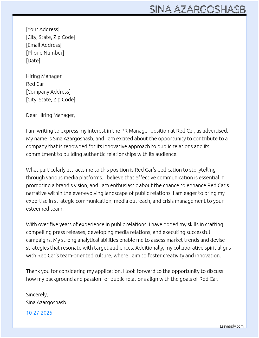 Cover letter for pr maneger - LazyApply