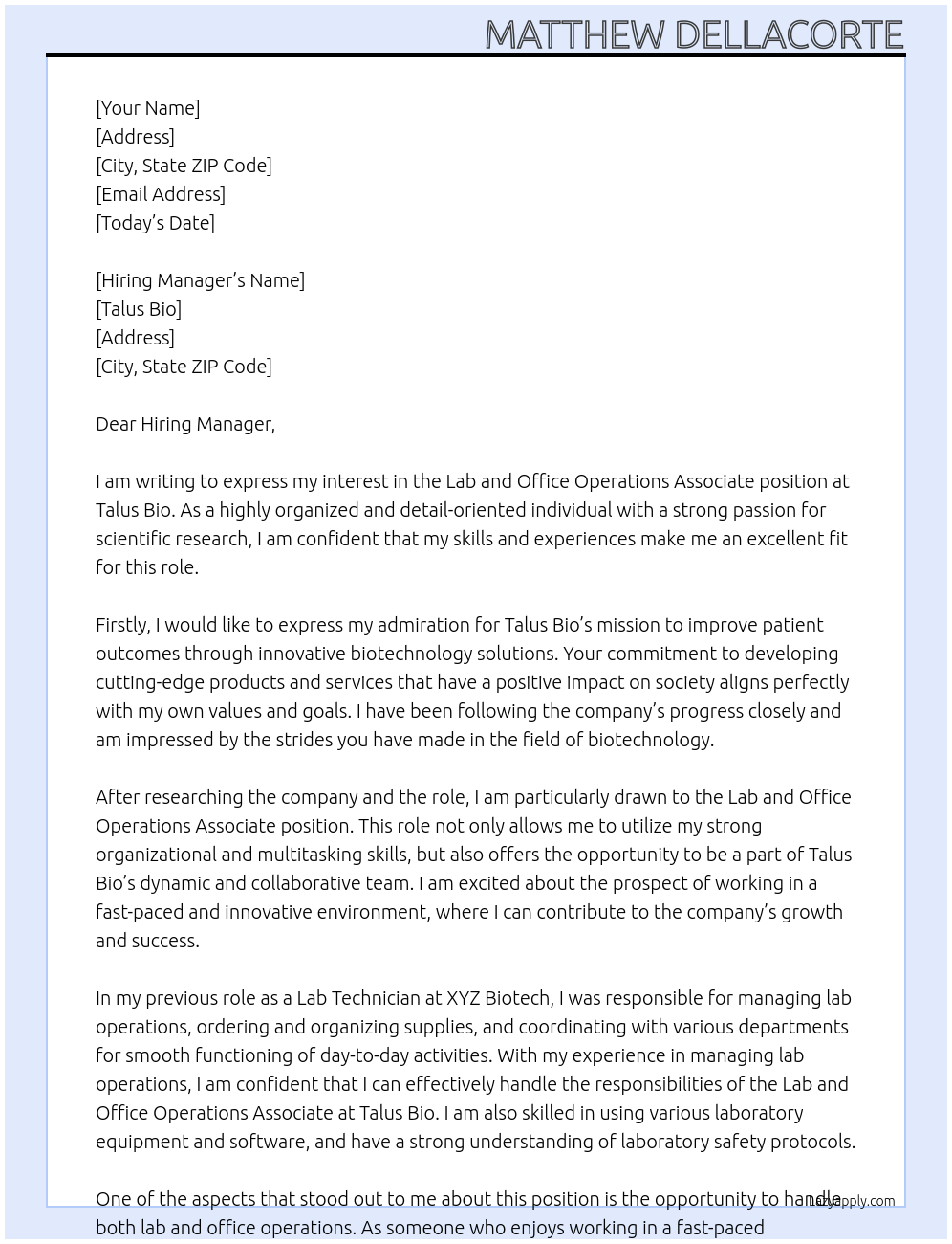 Cover letter for lab and office operations associate - LazyApply