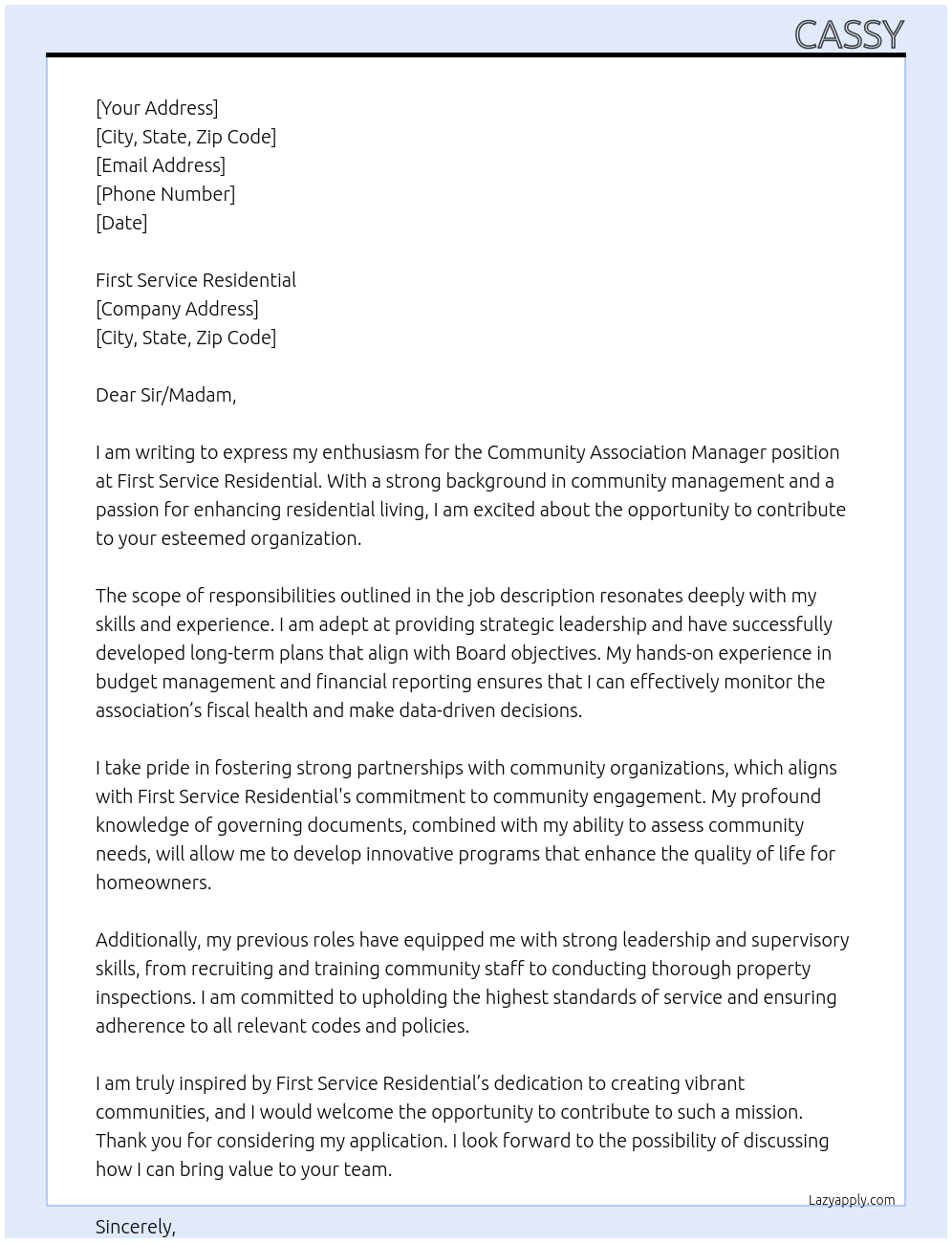 Cover letter for community association manager - LazyApply