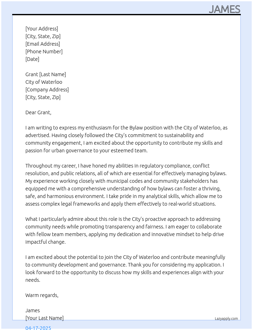 Cover letter for bylaw - LazyApply