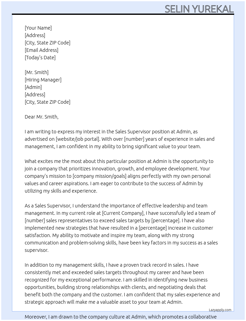 Cover letter for sales supervisor - LazyApply