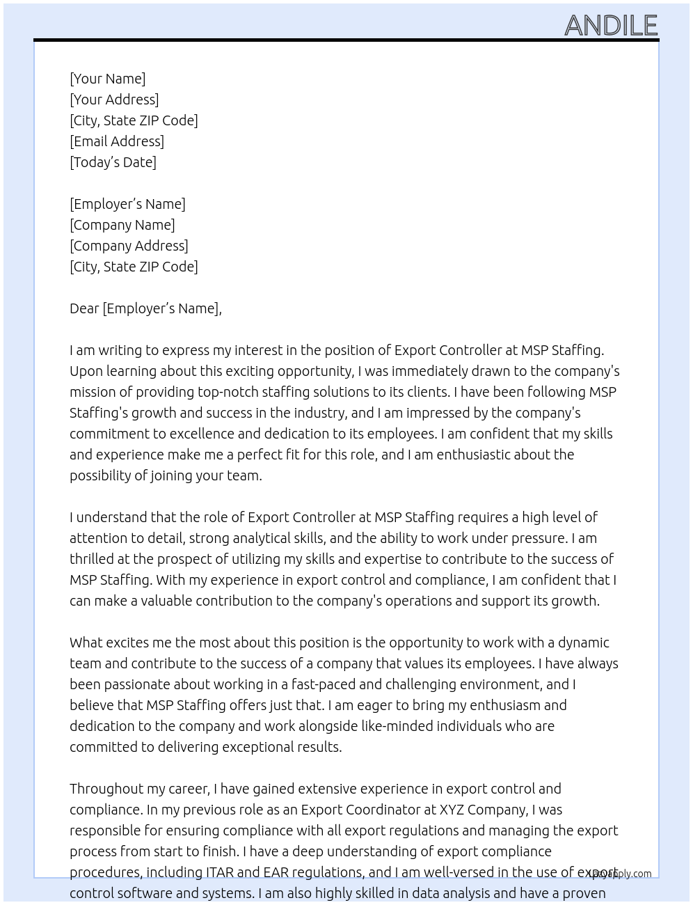 Cover letter for export controller - LazyApply