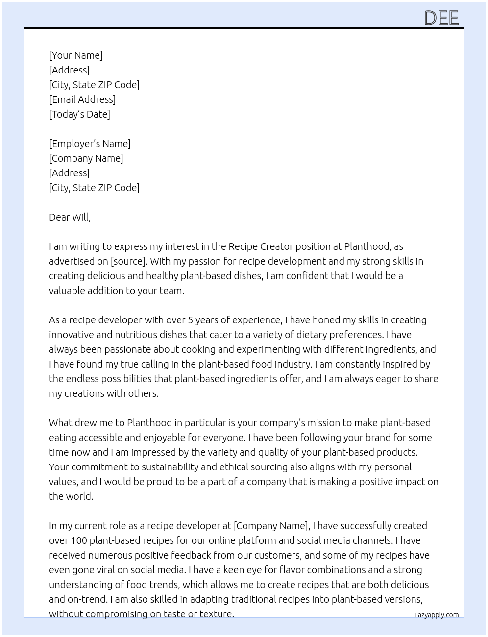 Cover letter for recipe creator - LazyApply