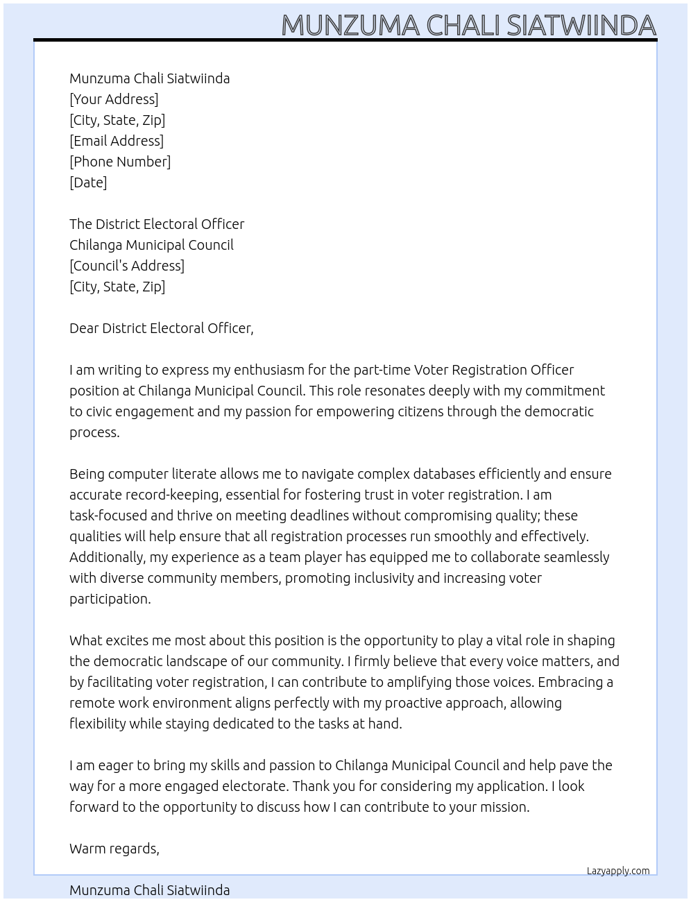Cover letter for voter ragistration officer - LazyApply