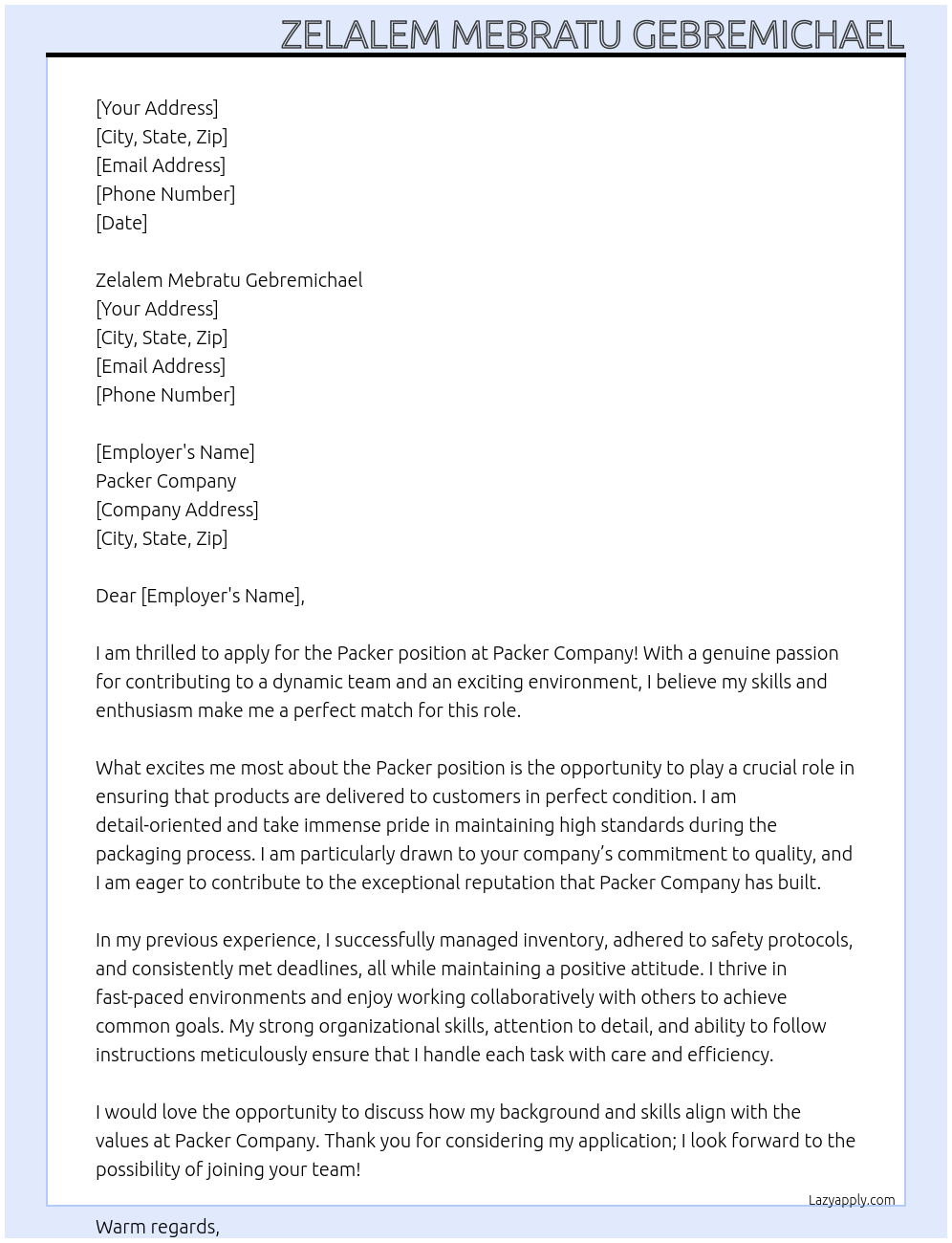 Cover letter for packer - LazyApply