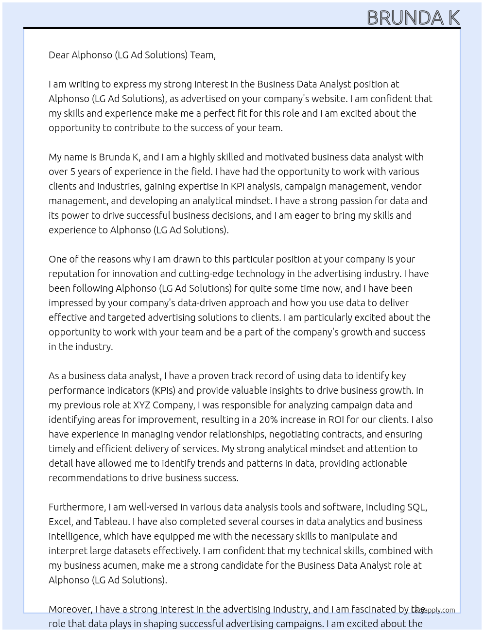 Cover letter for business/ data analyst - LazyApply