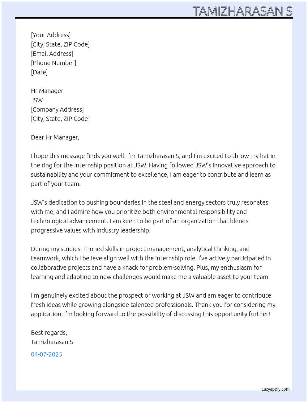 Cover letter for internship in jsw - LazyApply