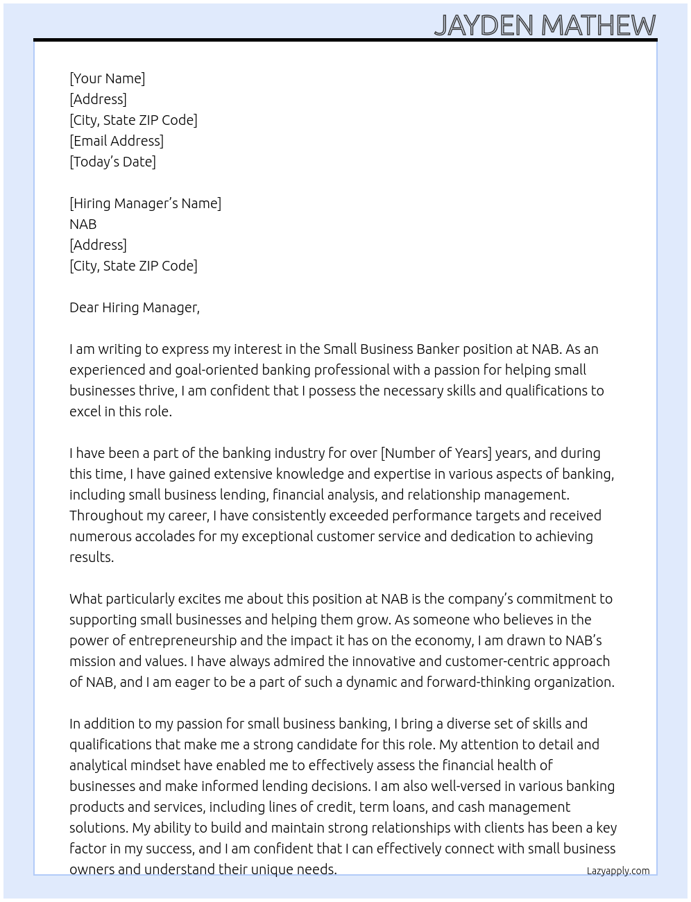 Cover letter for small business banker - LazyApply