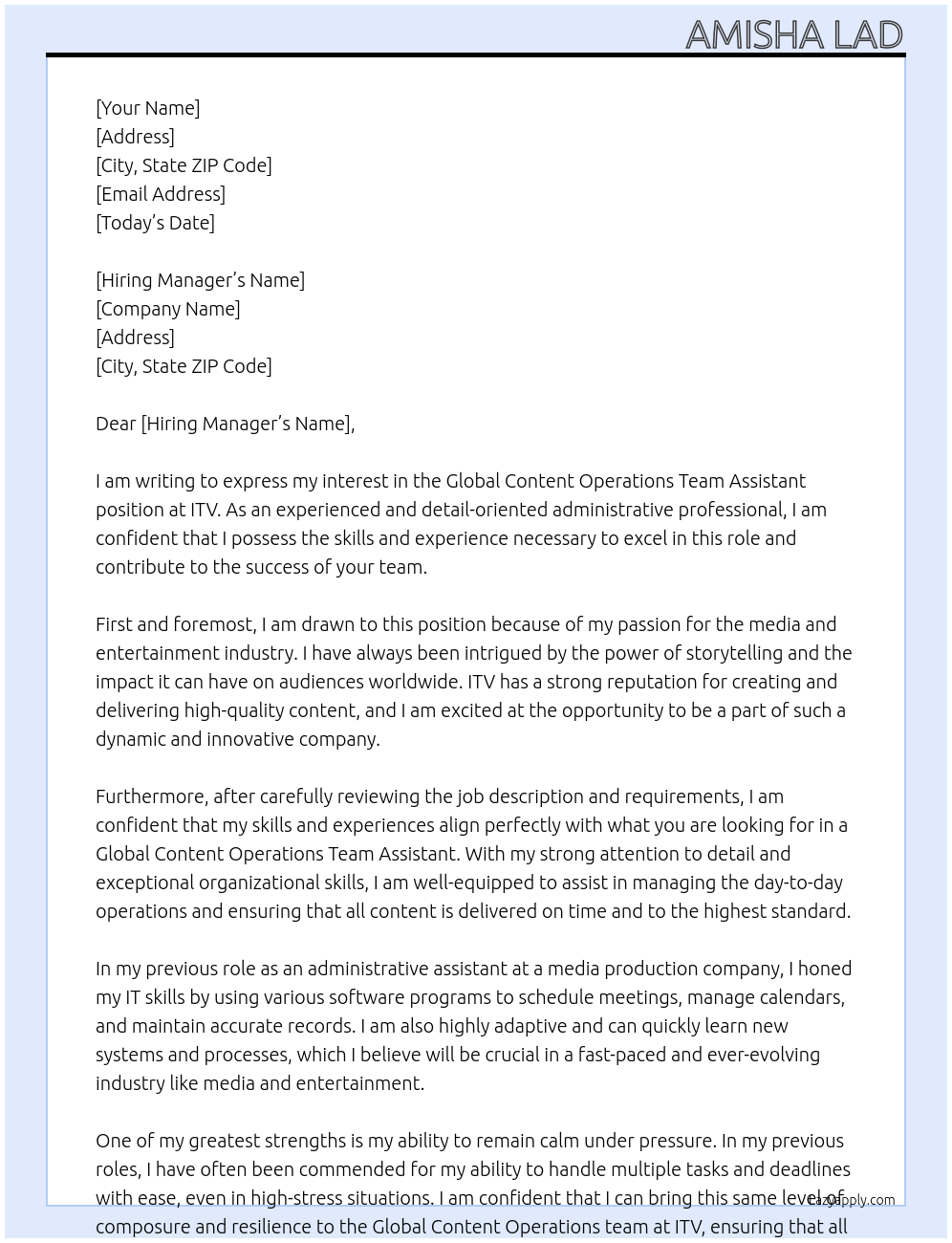 Cover letter for global content operations team assistant - LazyApply