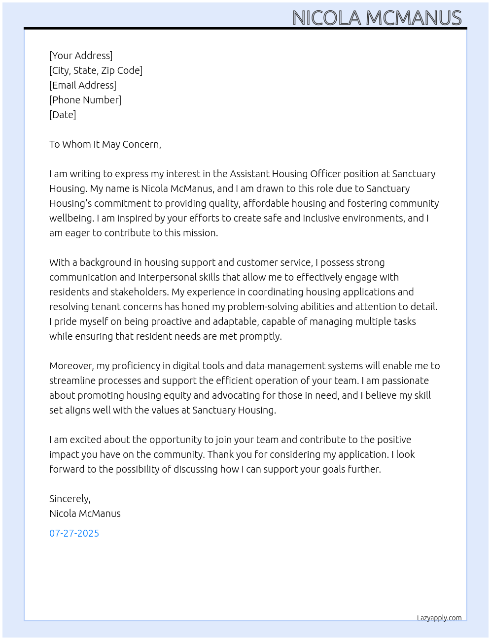 Cover letter for assistant housing officer - LazyApply