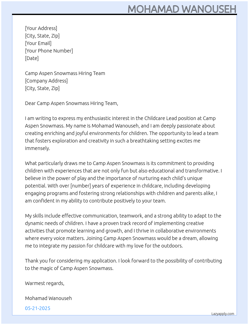 Cover letter for childcare lead - LazyApply