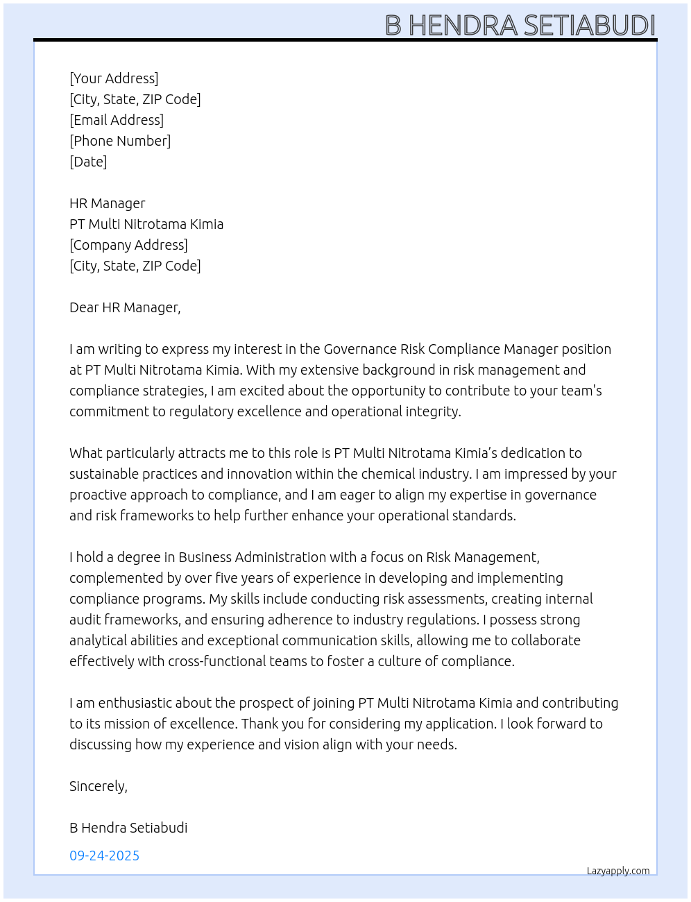 Cover letter for governance risk compliance manager - LazyApply