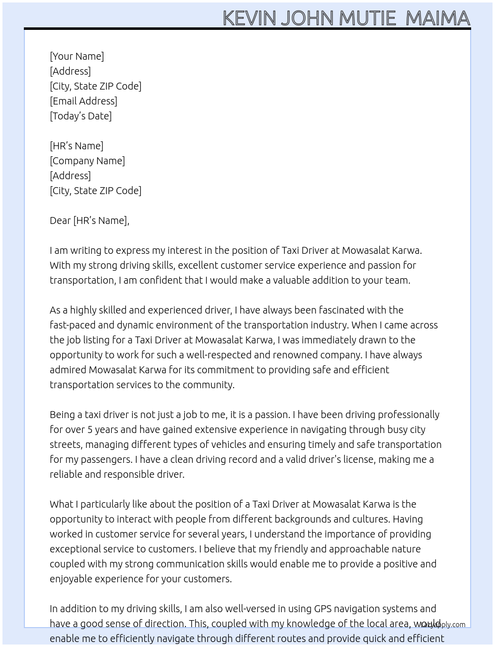Cover letter for taxi driver - LazyApply