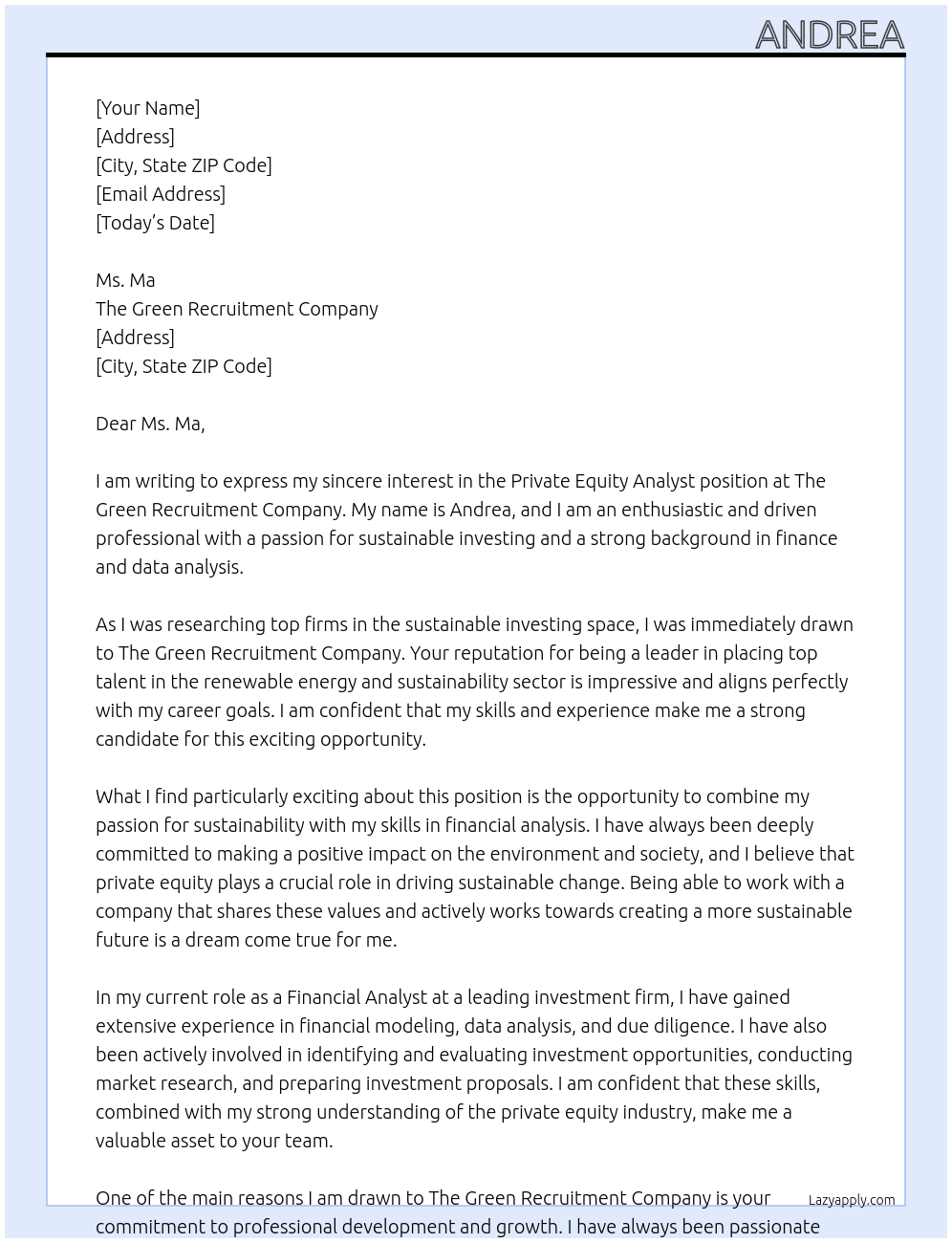 Cover letter for private equity analyst - LazyApply