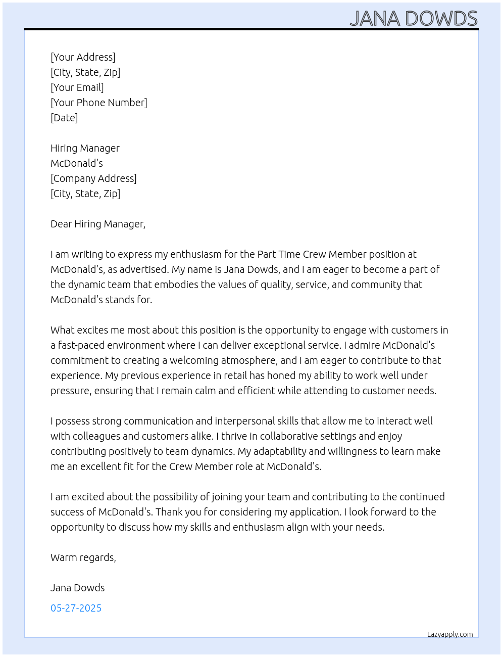 Cover letter for part time crew member at mcdonald's - LazyApply
