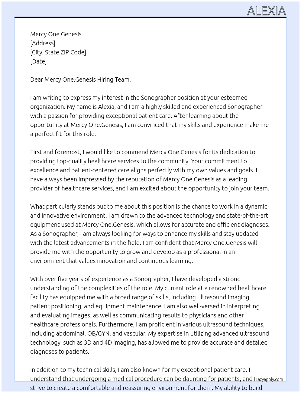 Cover letter for sonographer - LazyApply