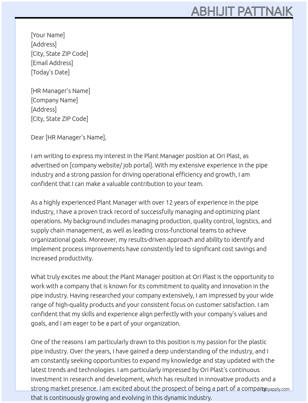 Cover letter for plant manager - LazyApply