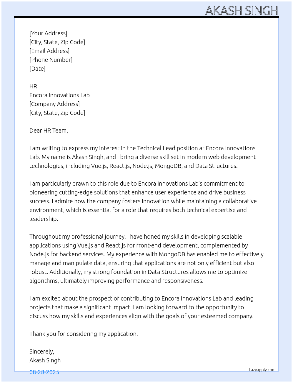 Cover letter for technical lead - LazyApply