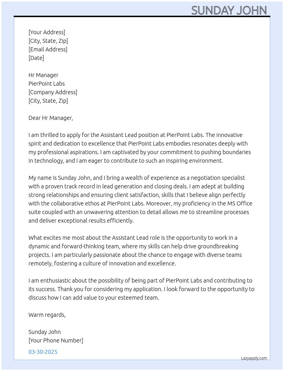 Cover letter for assistant lead - LazyApply