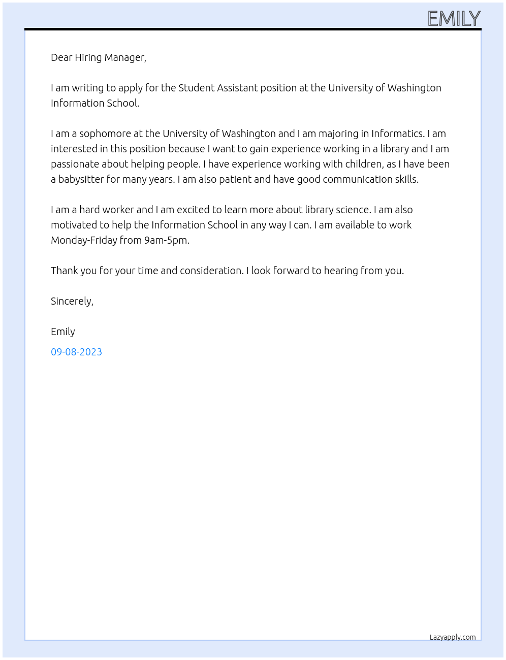 Cover letter for student assistant - LazyApply