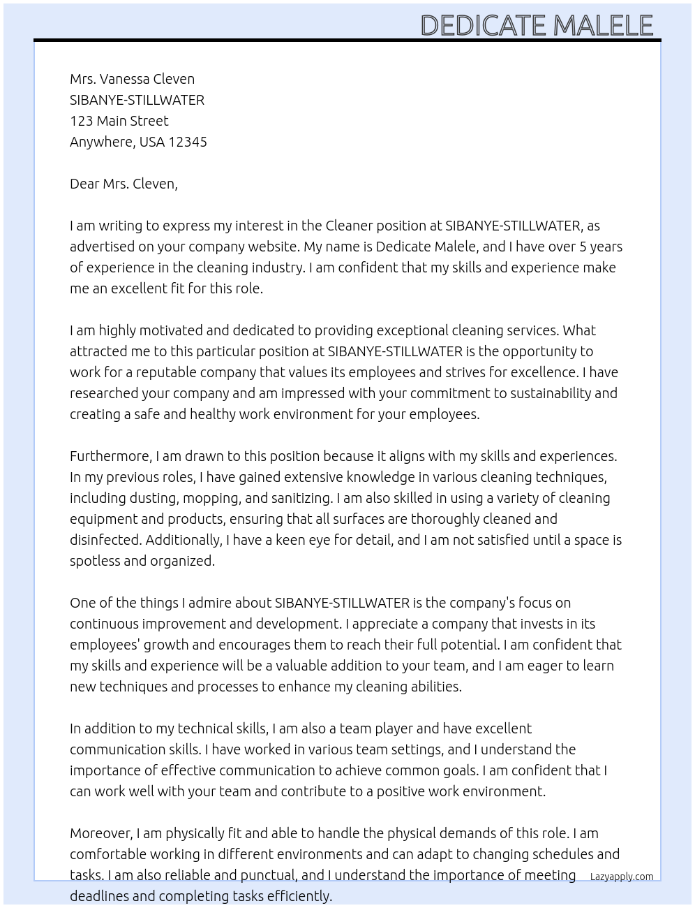 Cover letter for cleaner - LazyApply