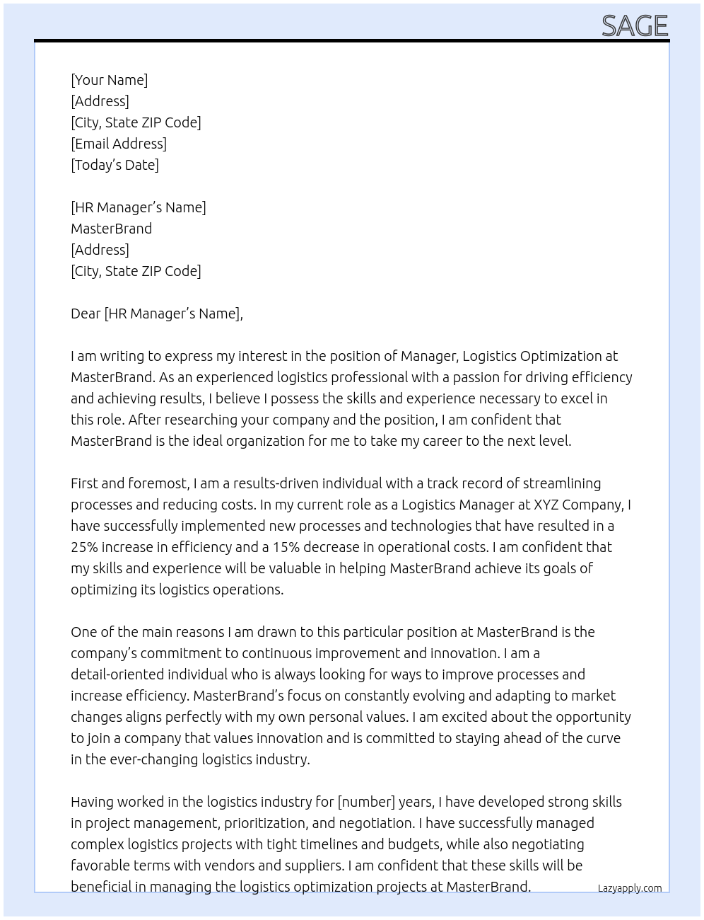 Cover letter for manager, logistics optimization - LazyApply