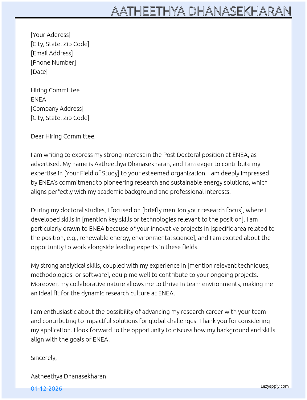 Cover letter for post doctoral - LazyApply