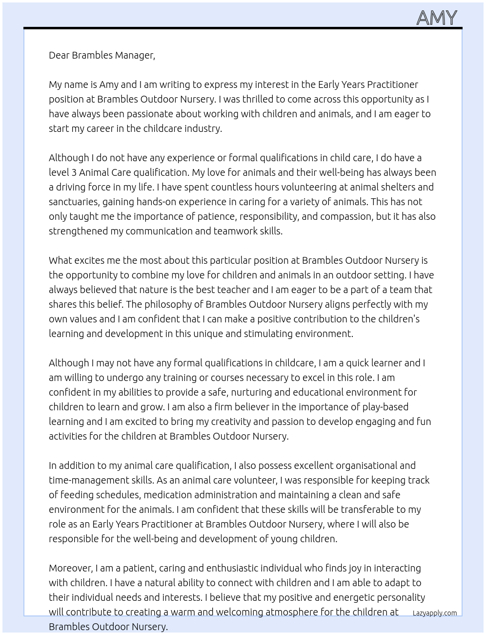 Cover letter for early years practitioner - LazyApply