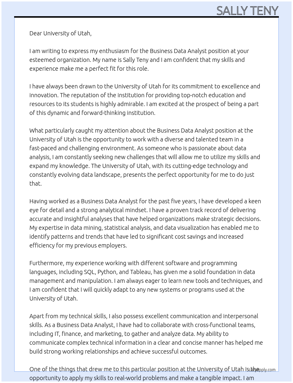 Cover letter for business/ data analyst - LazyApply