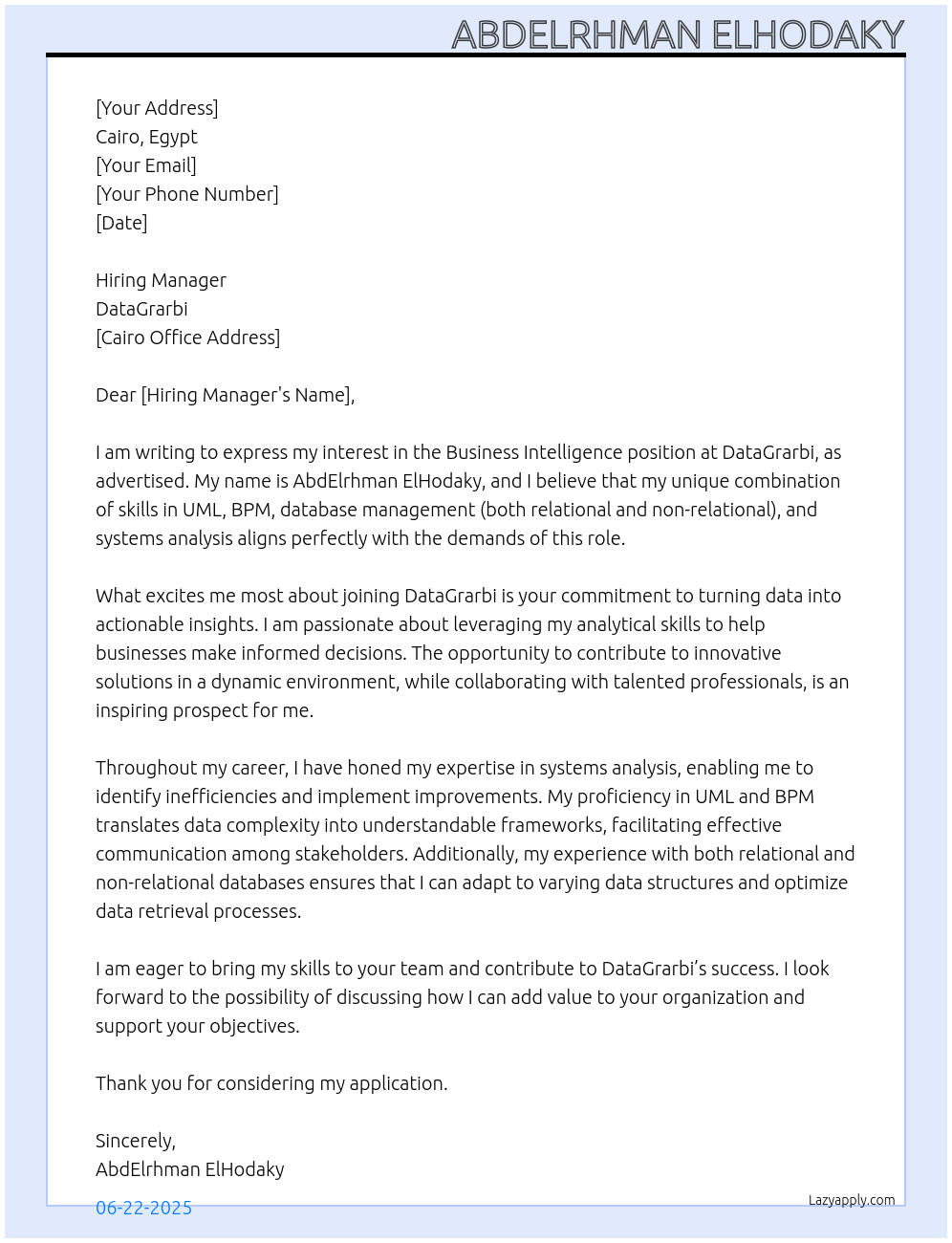 Cover letter for business intelligence - LazyApply