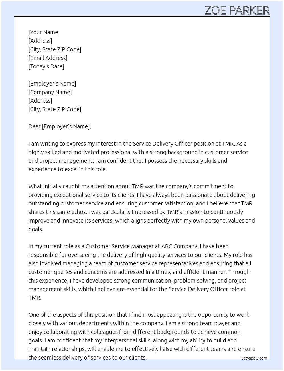 Cover letter for service delivery officer - LazyApply