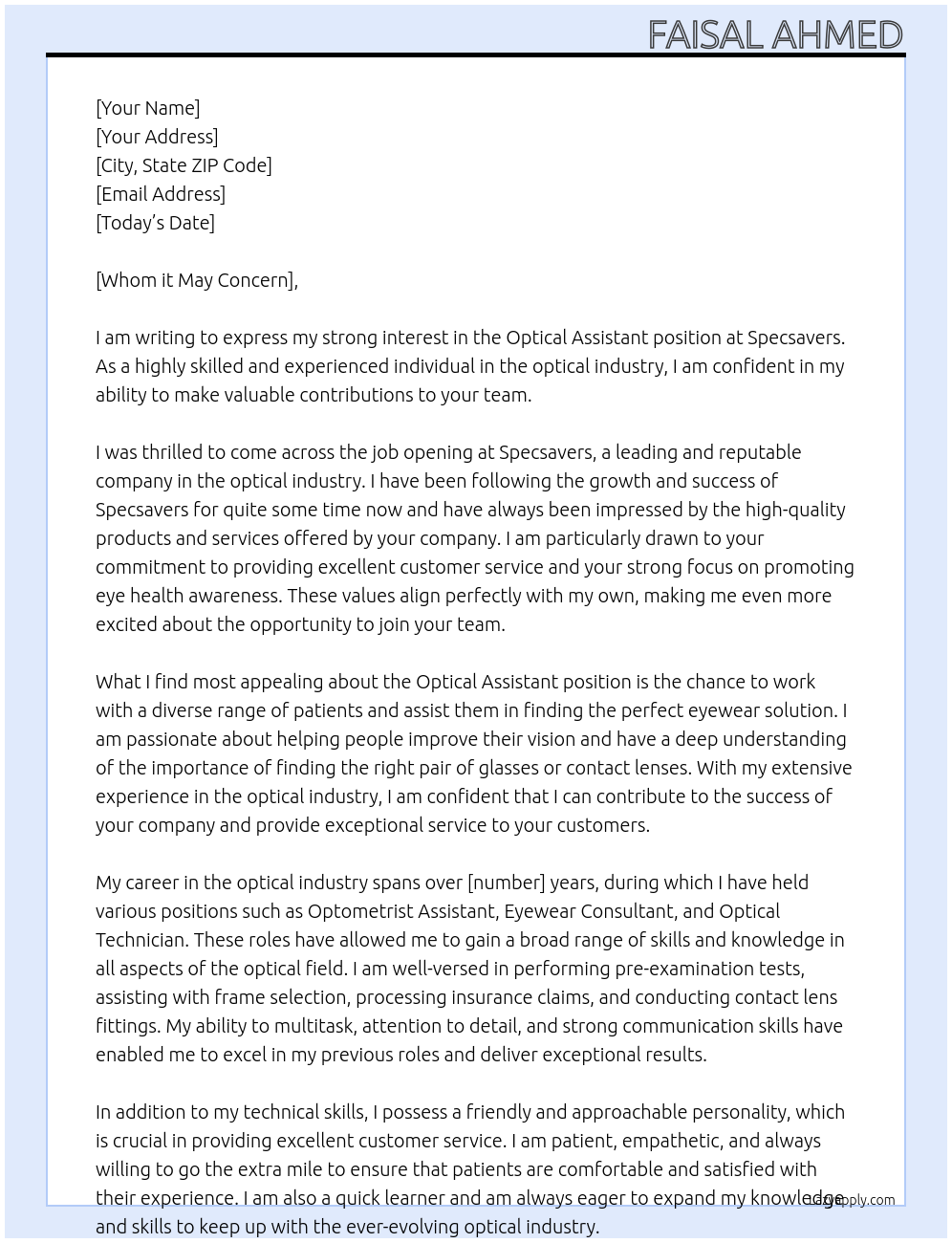Cover letter for optical assistant - LazyApply