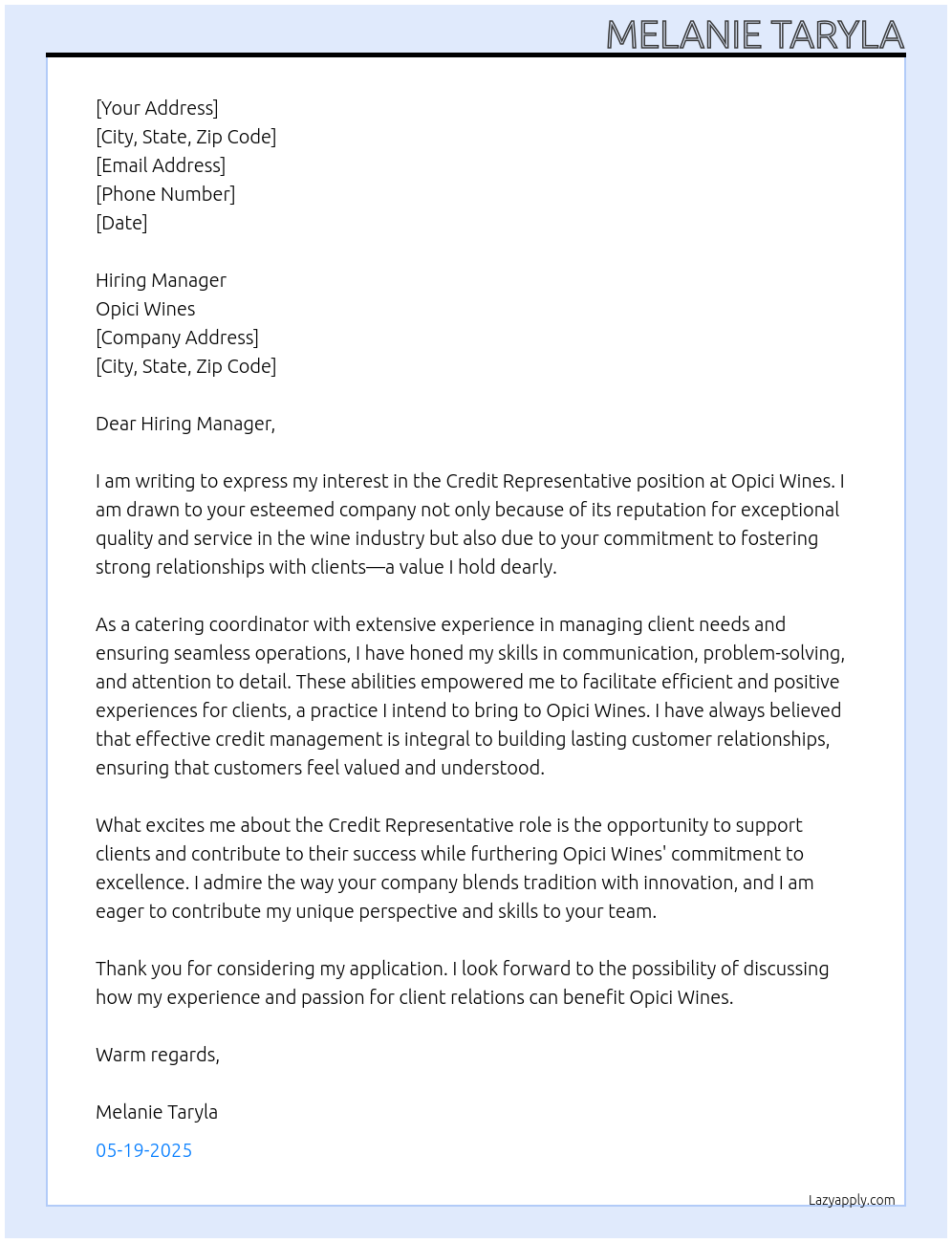 Cover letter for credit representative - LazyApply