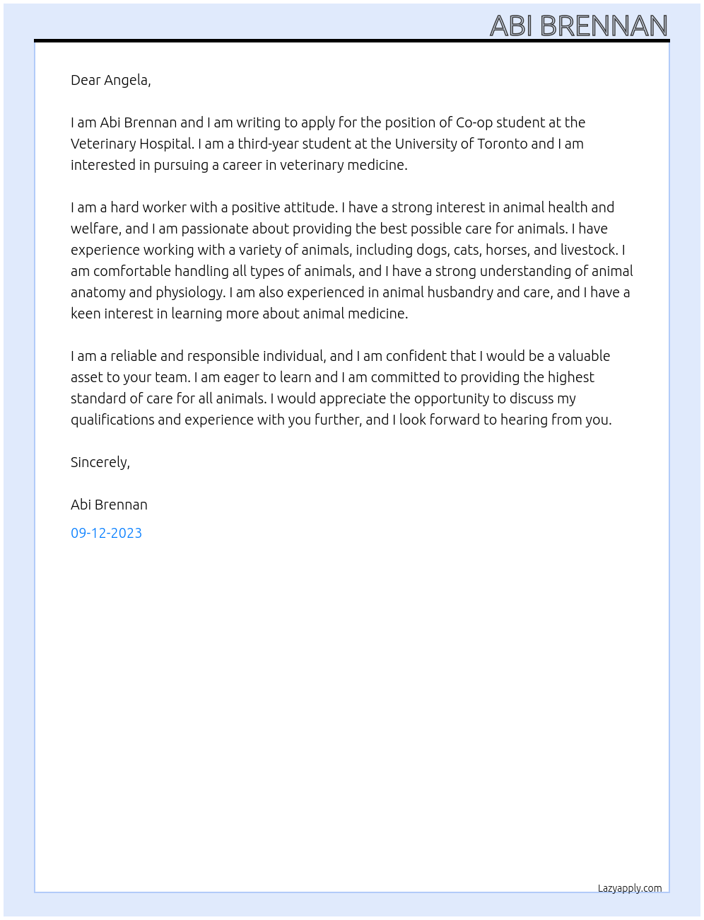 Cover letter for co-op student - LazyApply