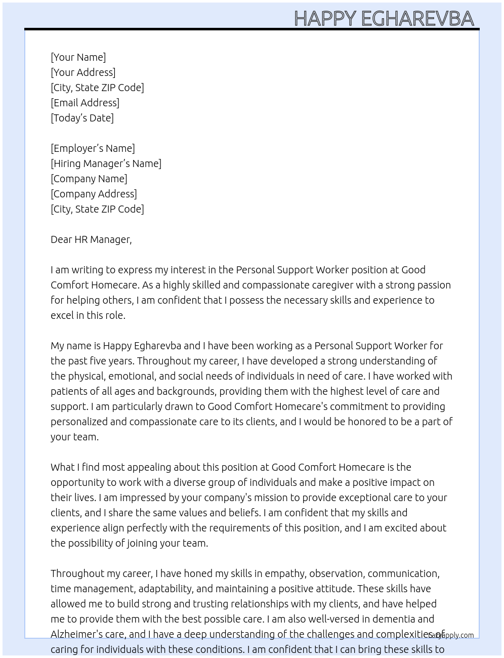 Cover letter for personal support worker - LazyApply