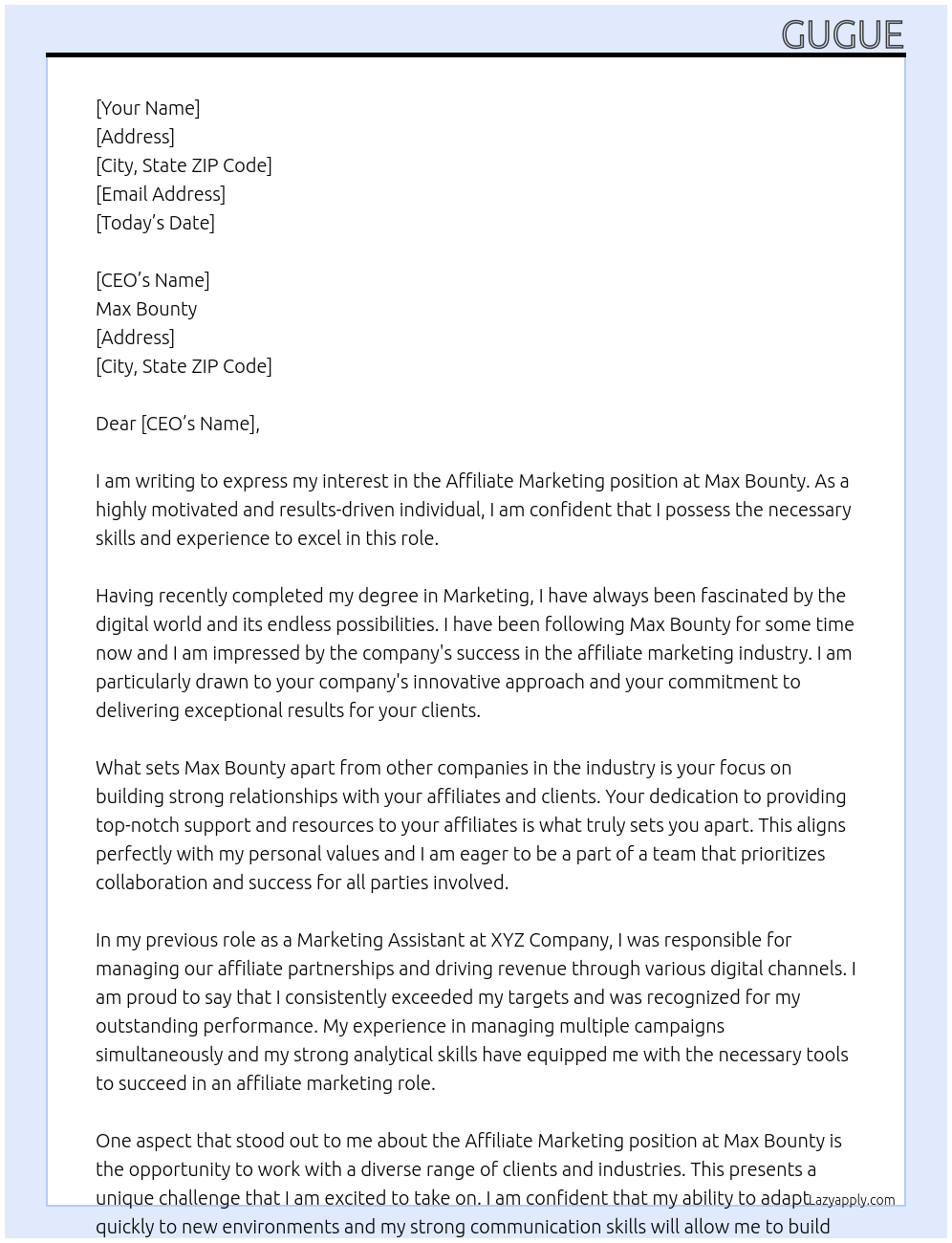 Cover letter for affiliate marketing - LazyApply
