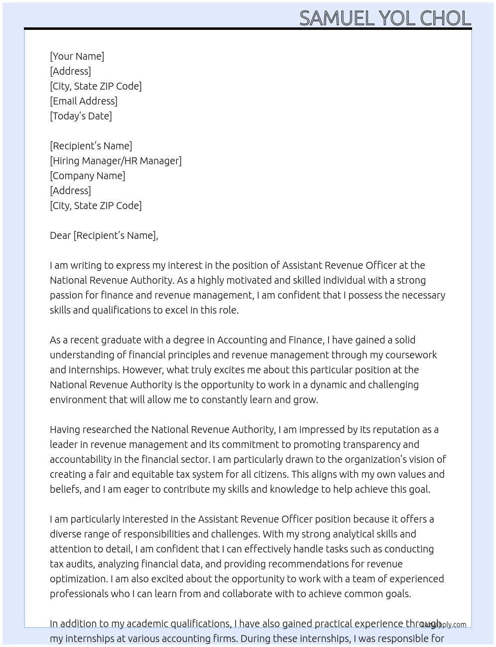 Cover letter for assistant revenue officers - LazyApply