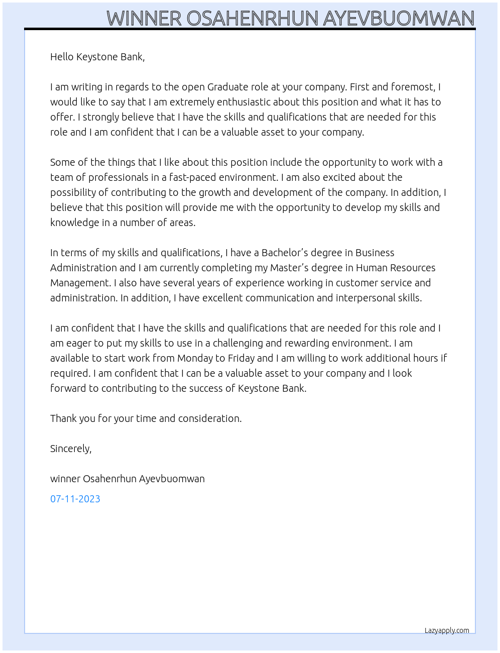Cover letter for graduate role - LazyApply