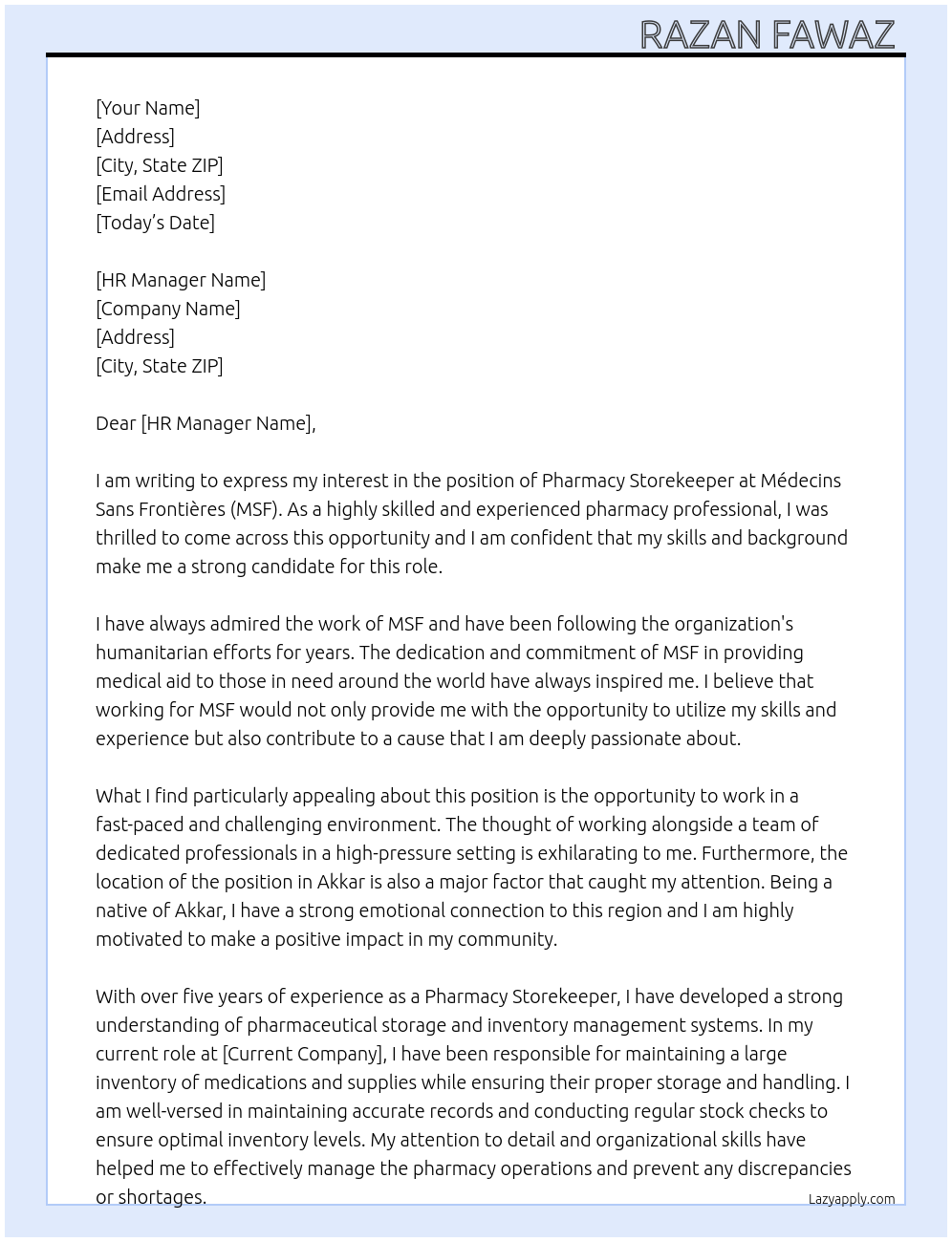 Cover letter for pharmacy storekeeper - LazyApply