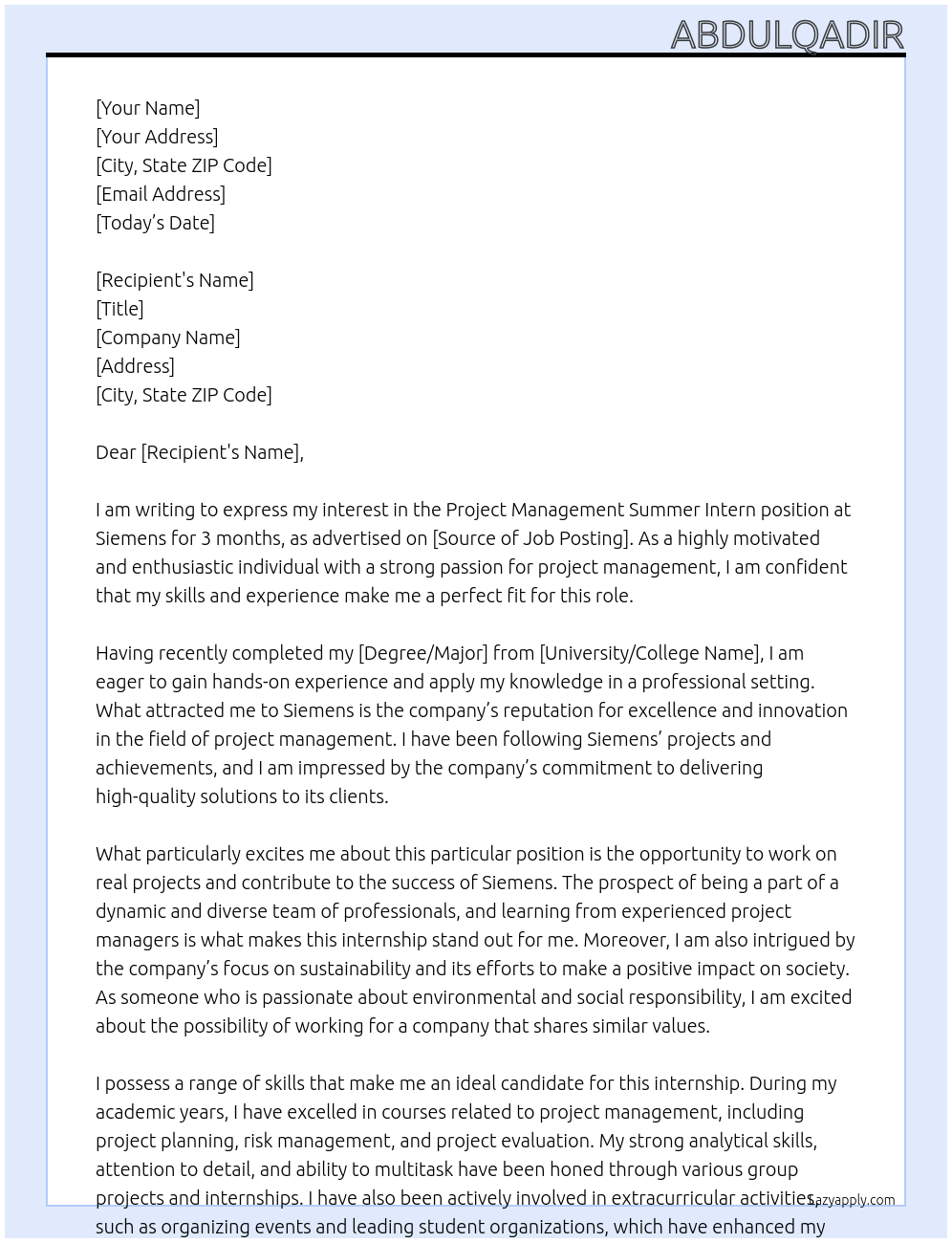Cover letter for Siemens - LazyApply